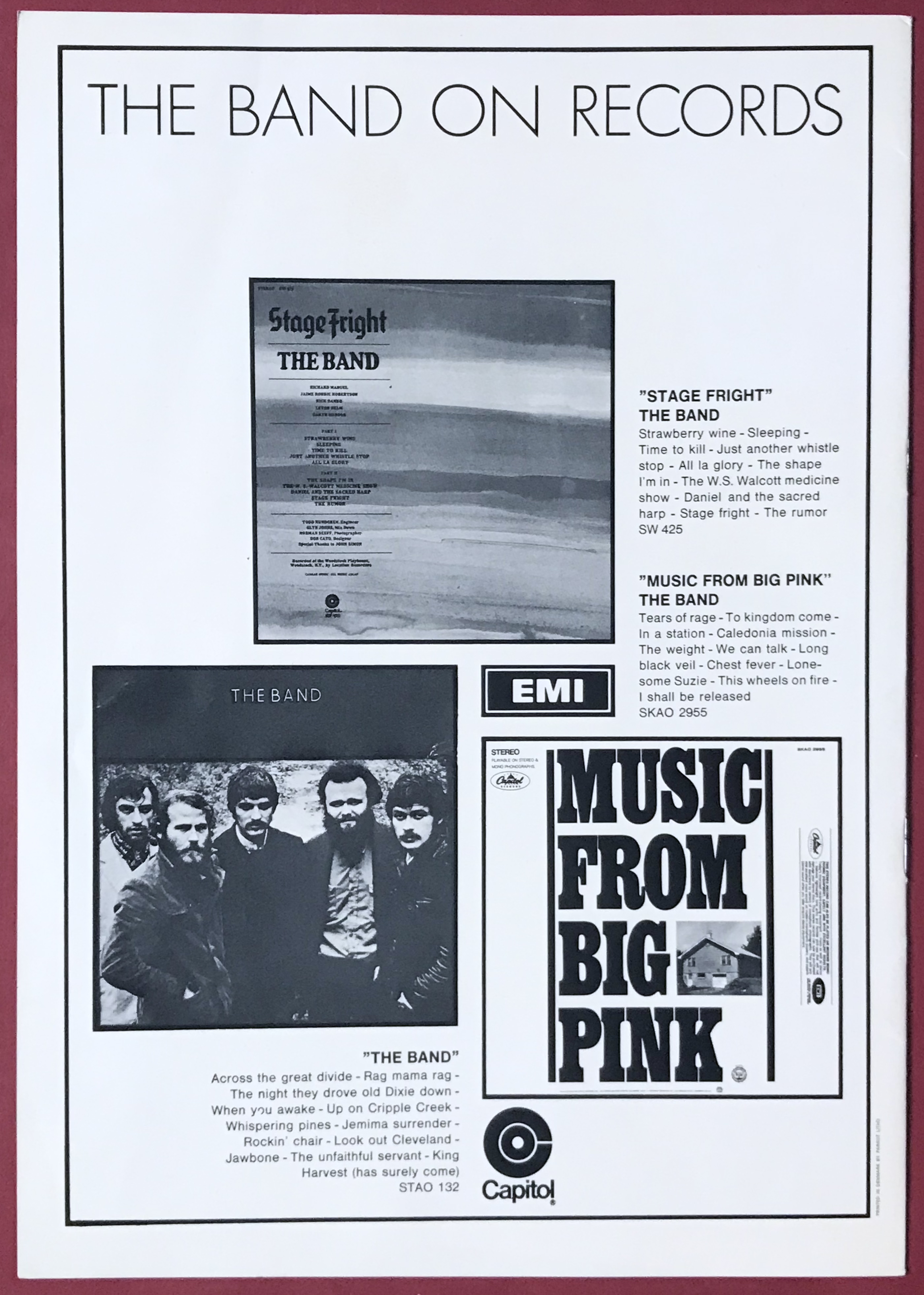 Nostalgipalatset - THE BAND - In concert European tour Konsertprogram 1971