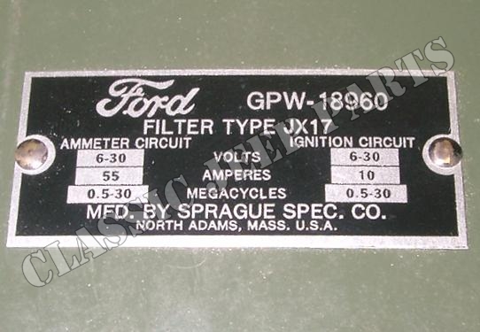 Radio filter suppression FORD GPW NOS with repro dataplate
