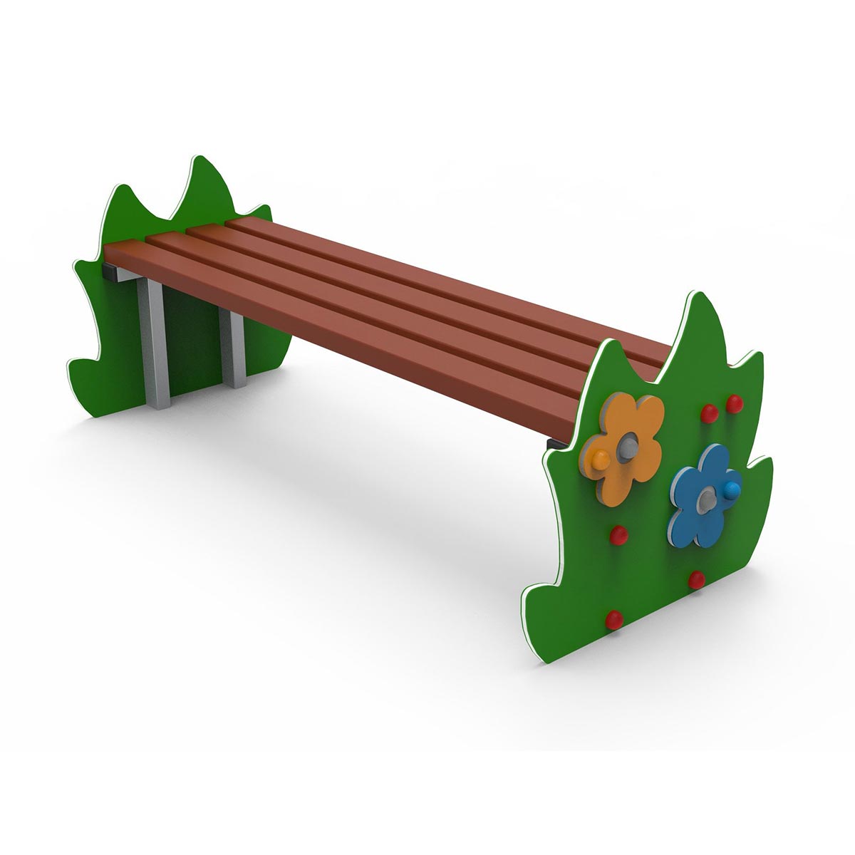 Träbänk med busk- och blomdesign - Svenska Naturlekplatser AB