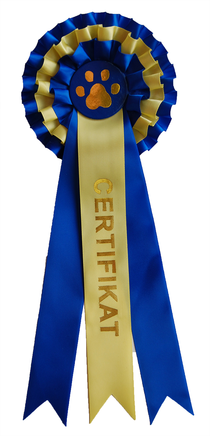 Monomak - Dog rosette, 3 tiers, 3 tails, box pleat - blue/yellow, text ...