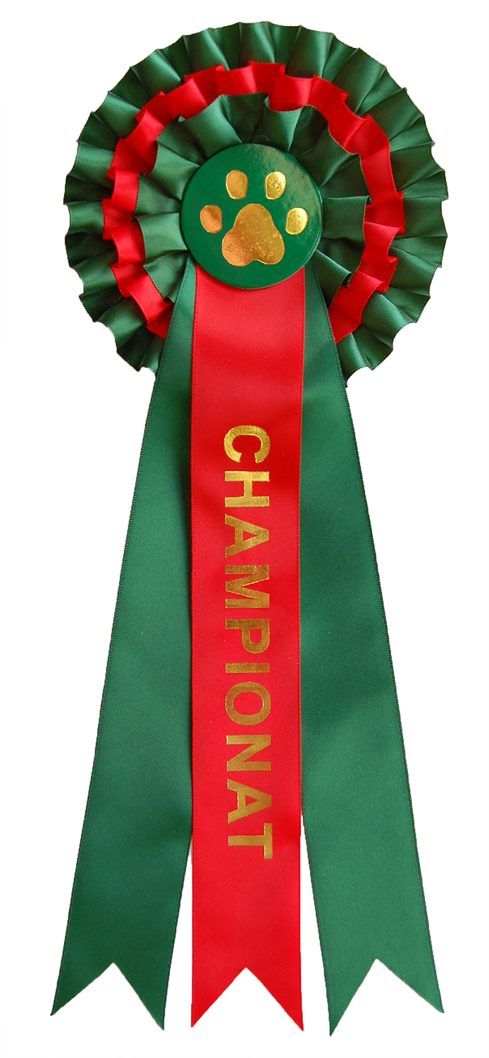 Monomak - Dog rosette, 3 tiers, 3 tails, box pleat - green/red, text ...