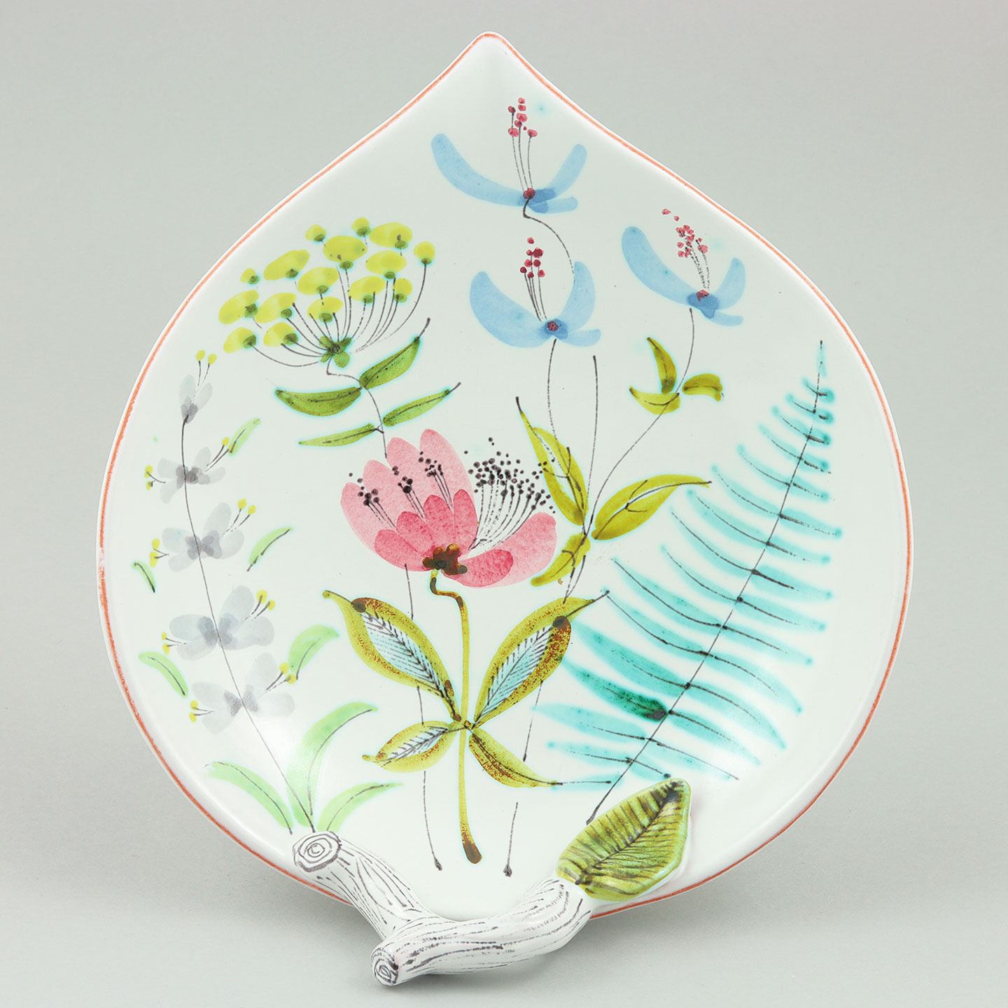 Stig Lindberg (1950s) Branched Leaf Faience Dish with Flowers #22 19 cm