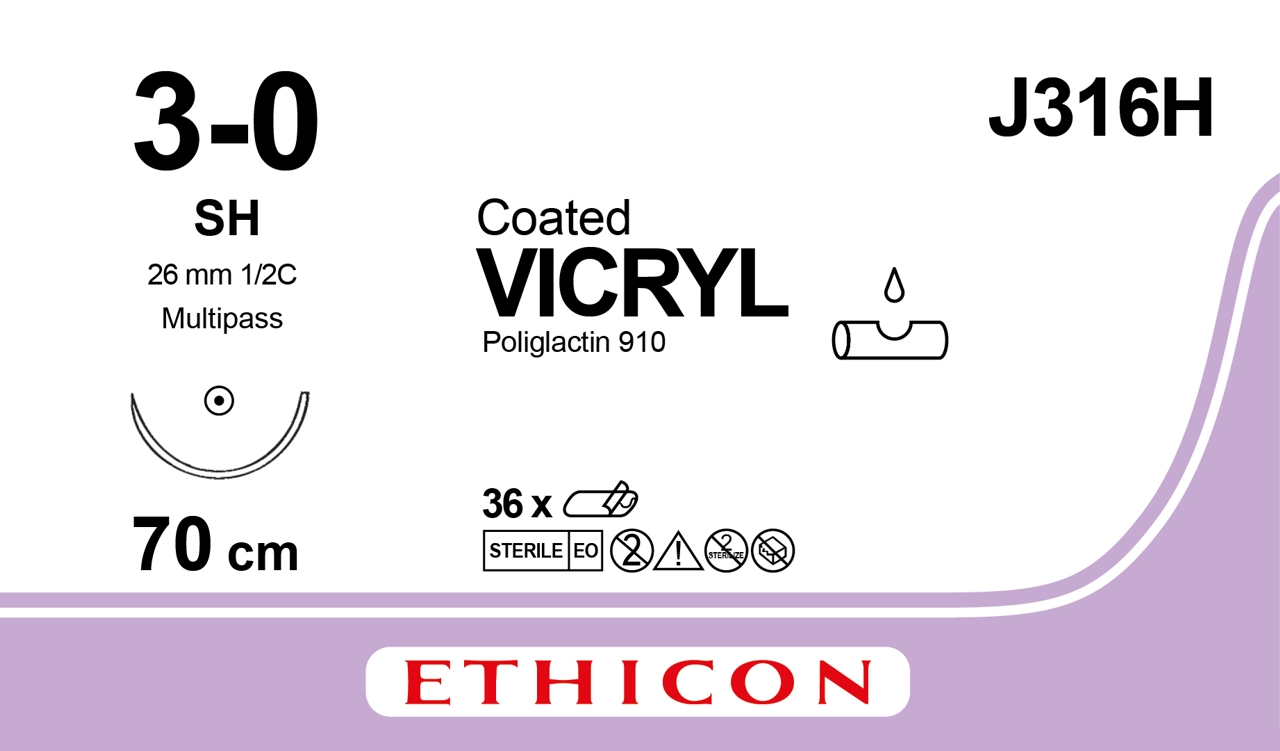Vicryl suture 3-0, J316H, SH needle, 70 cm purple - Suture Online