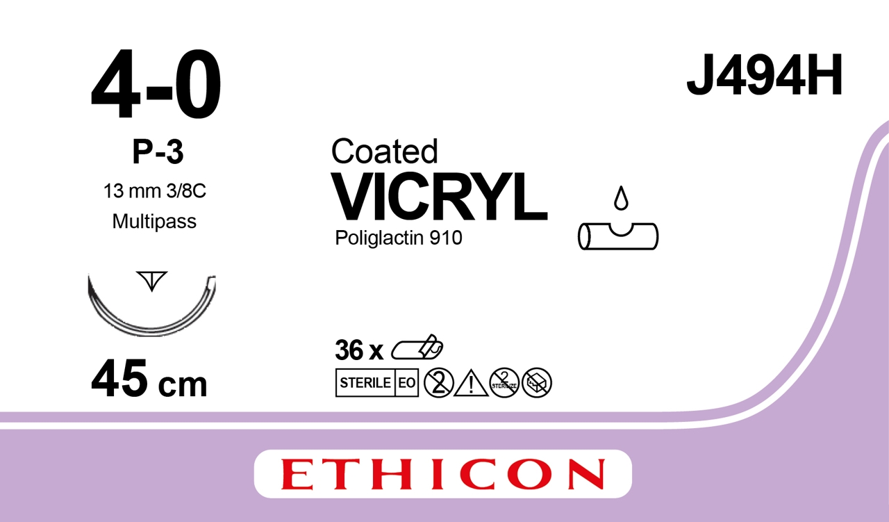 Vicryl suture 4-0, J494H, P-3 MP needle 45 cm purple - Suture Online