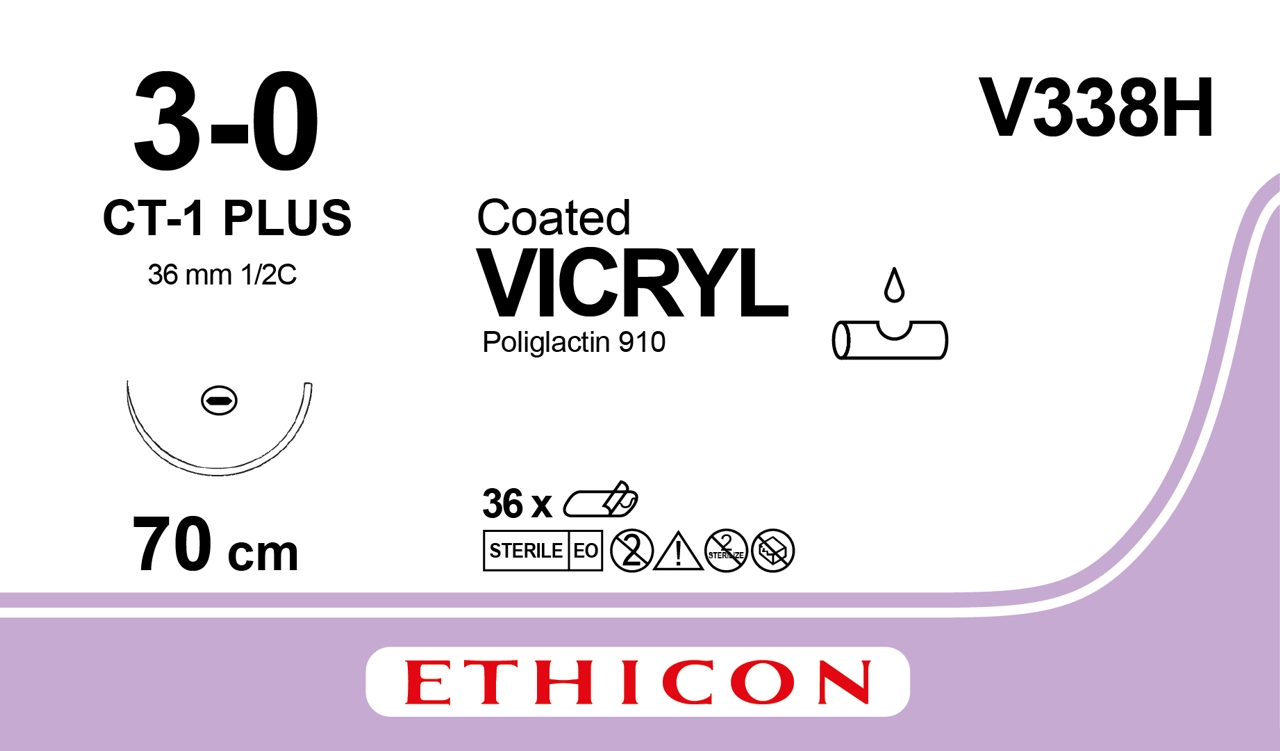 Vicryl 3-0 absorbable suture. V338H, CT-1 needle.