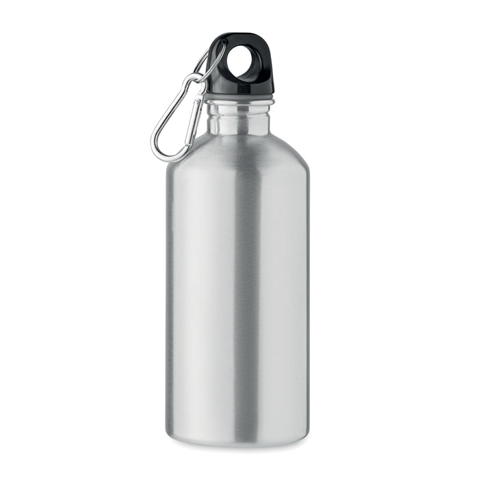Vattenflaska av silverfärgat aluminium som rymmer 400 ml