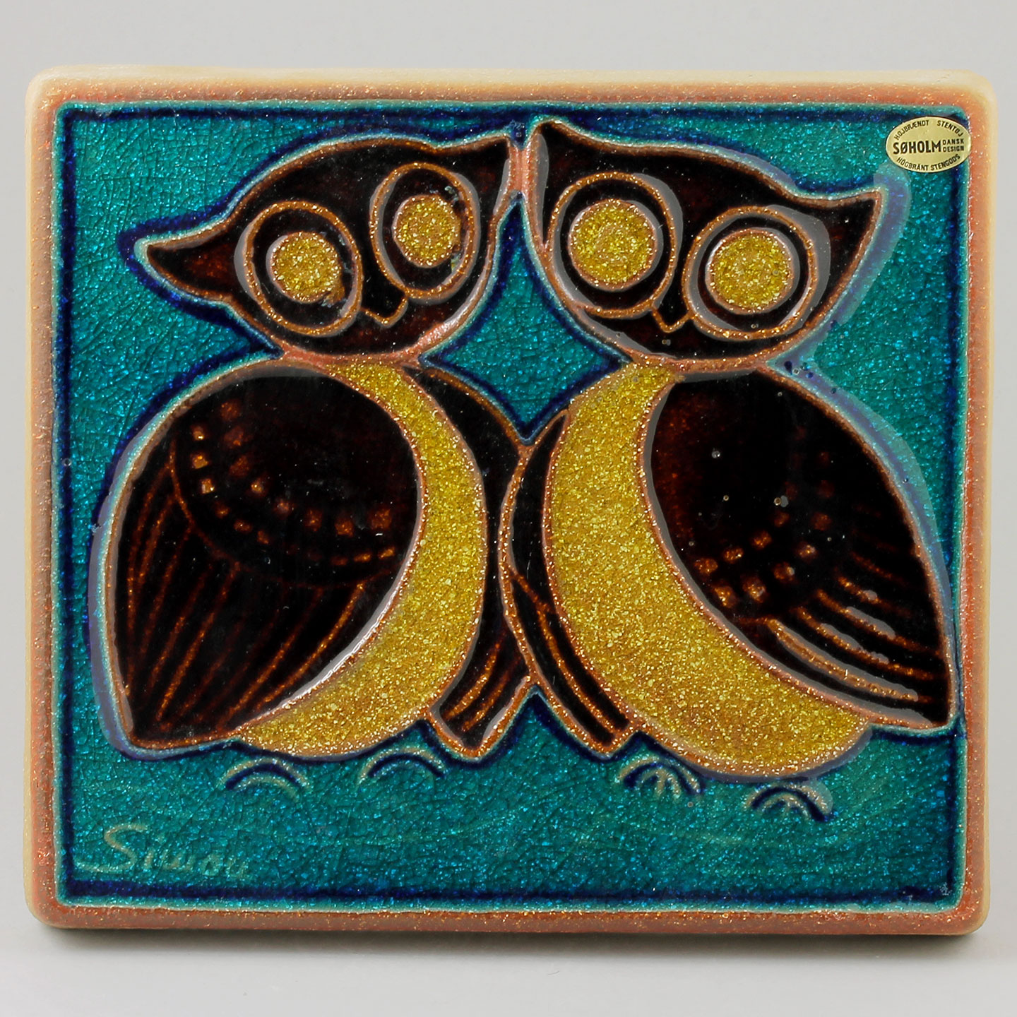 Josef Simon (1960s) Brown/Turquoise Owls Wall Plaque 23 cm