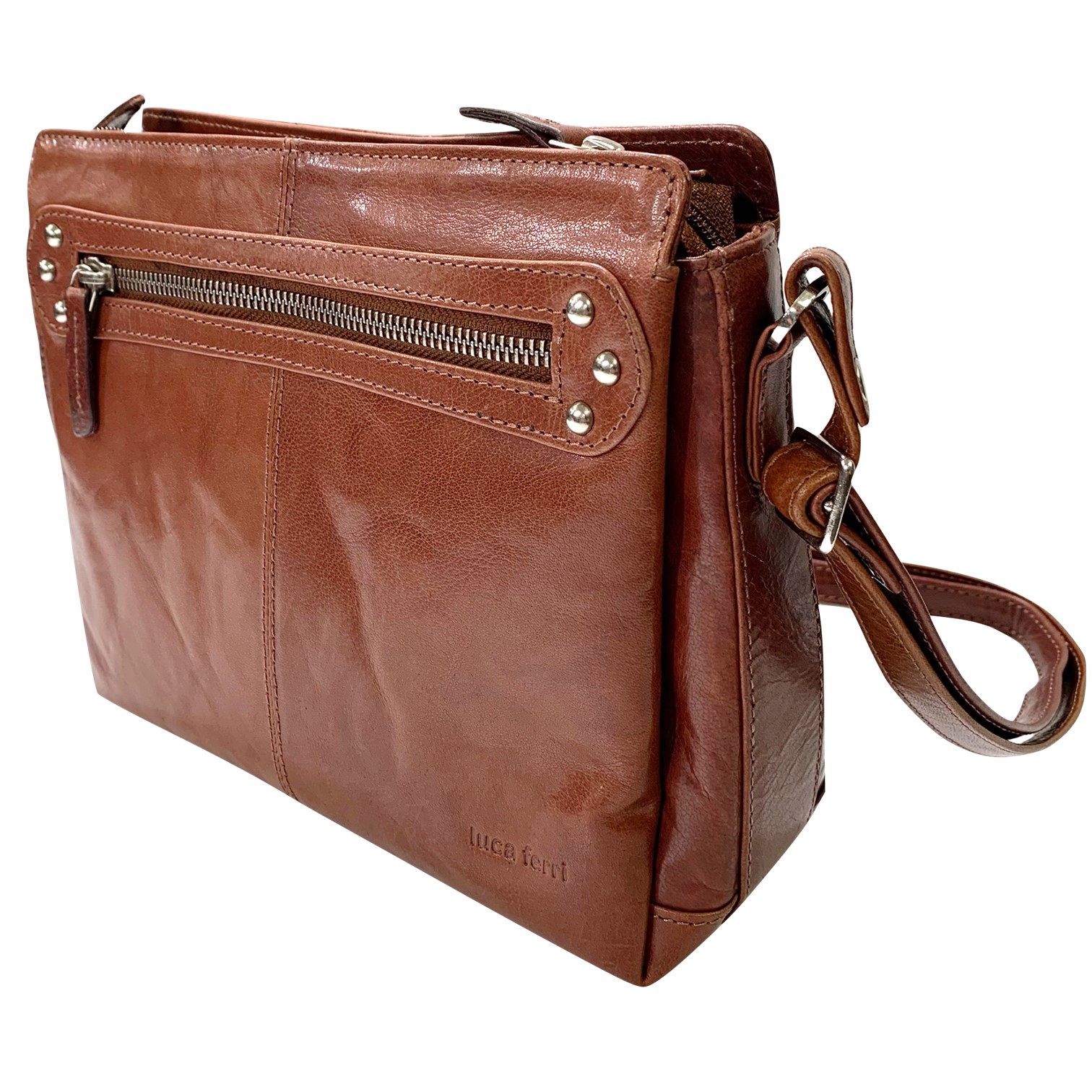 Luca Ferri 3Pocket Axelremsväska i Skinn Brandy - Adriatik Travel Bag