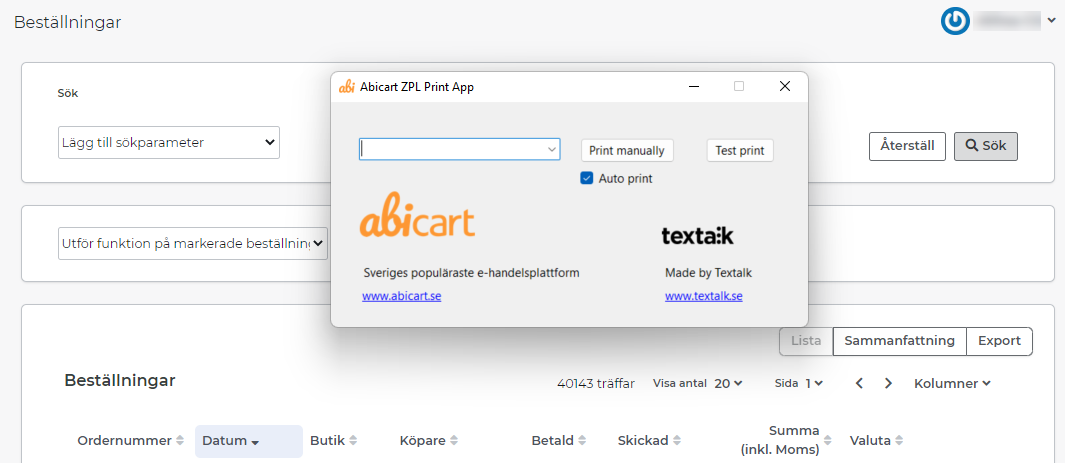 Utskriftinställningar Abicart ZPL Print App - Postnord integrationen - Abicart.se