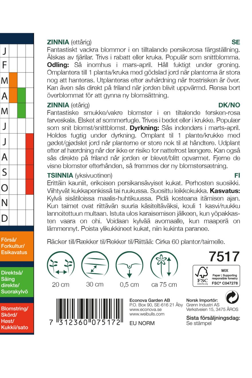 7517, Zinnia Cresto Peachy Pink Zinnia elegans - Blommor 4 You Gbg AB