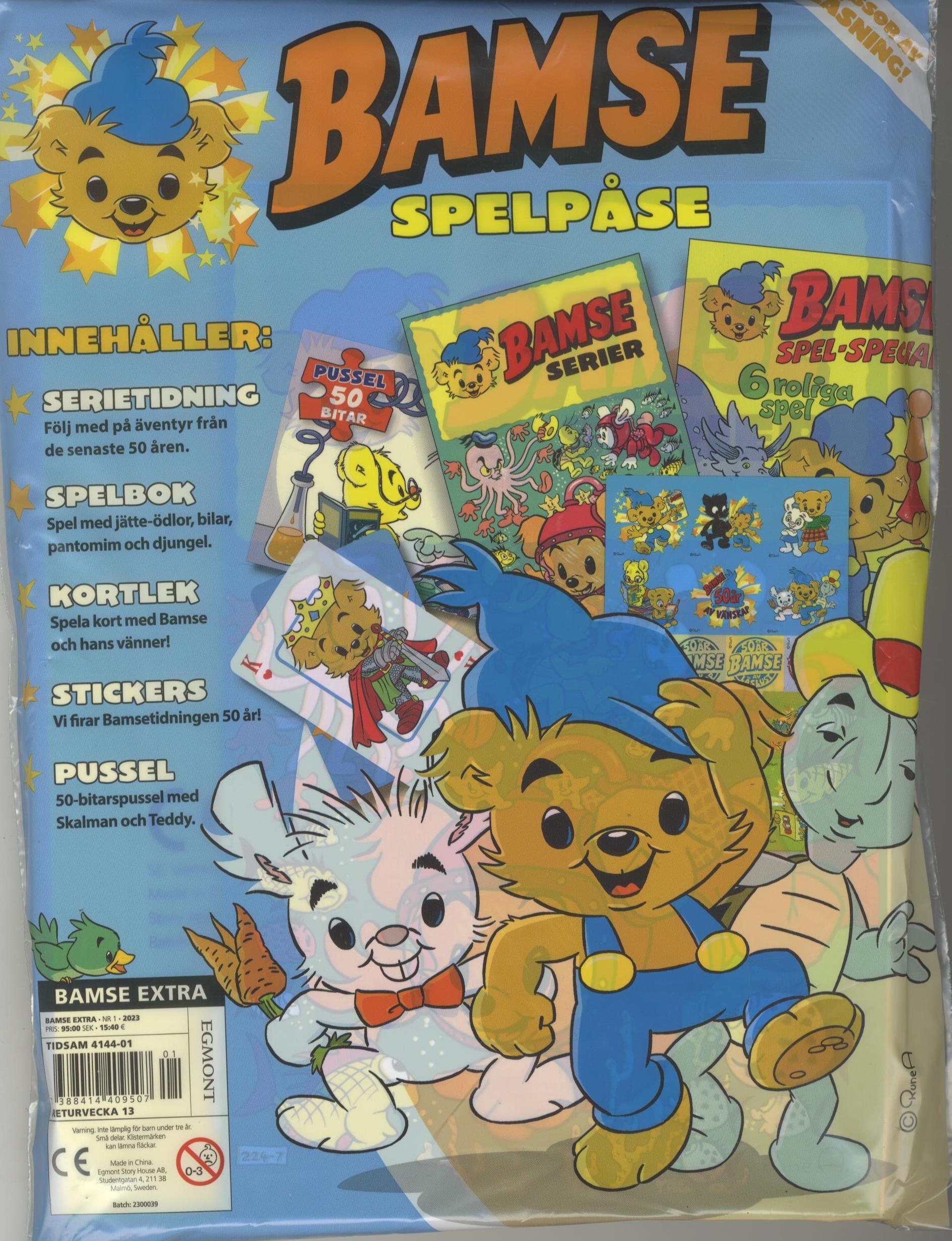 Bamse Extra 2023 nr 1, 50 år med Bamse! Bamse spelpåse, Serietidning, Spelbok, kortlek, Stickers ...