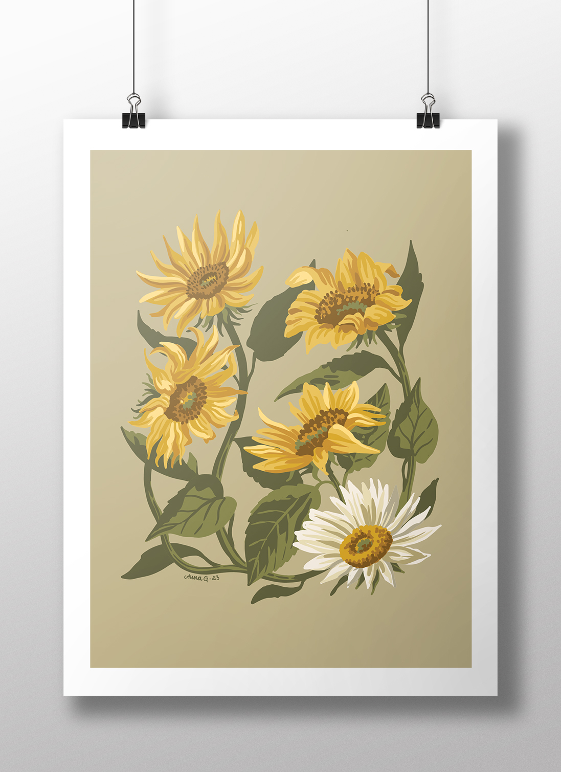 Poster Solrosor affisch med solrosor. Botanisk poster