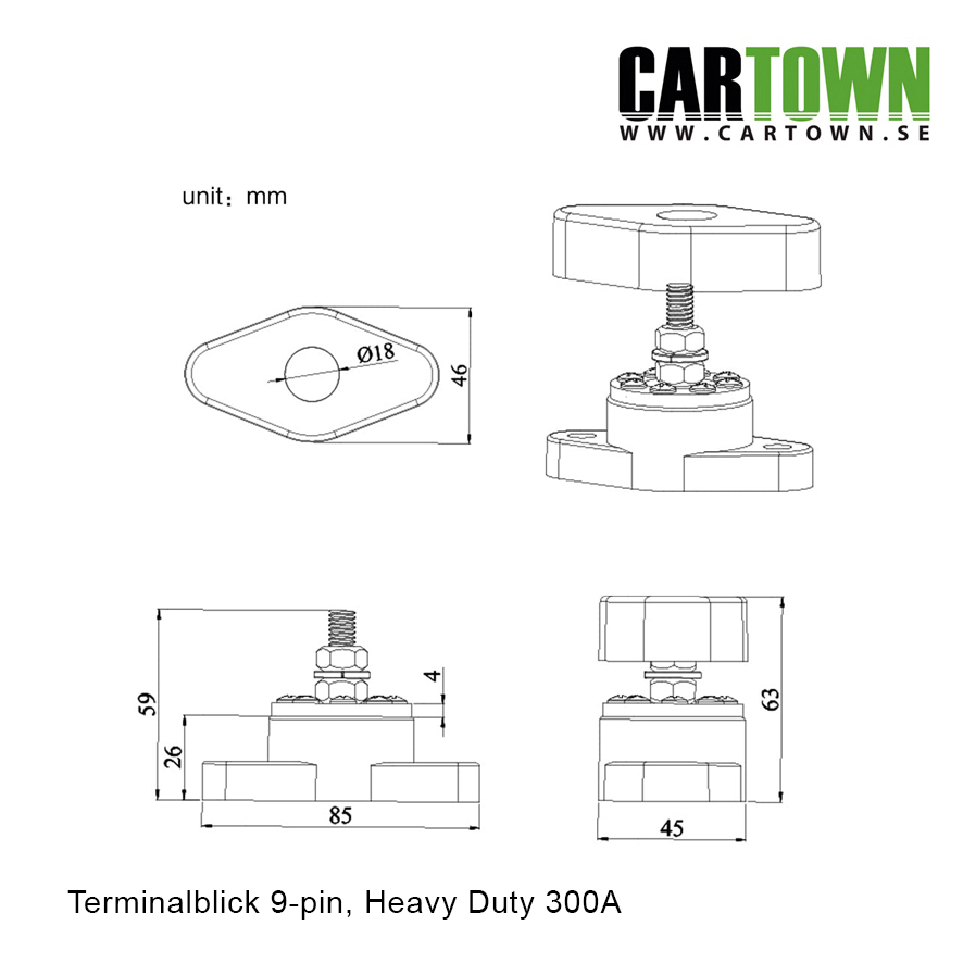 Kopplingsplint Terminal Block 9-pin 300A, Röd - Cartown Sverige AB