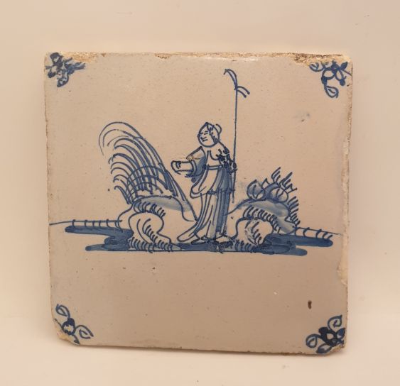 Delft tile white blue 18th century landscape with figure - Qeptas Antika
