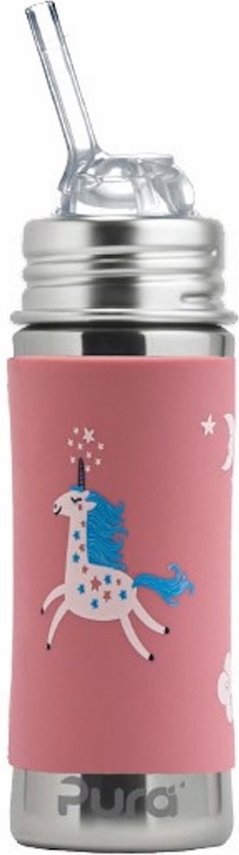 Barnvattenflaska med enhörning och sugrör av rostfritt stål