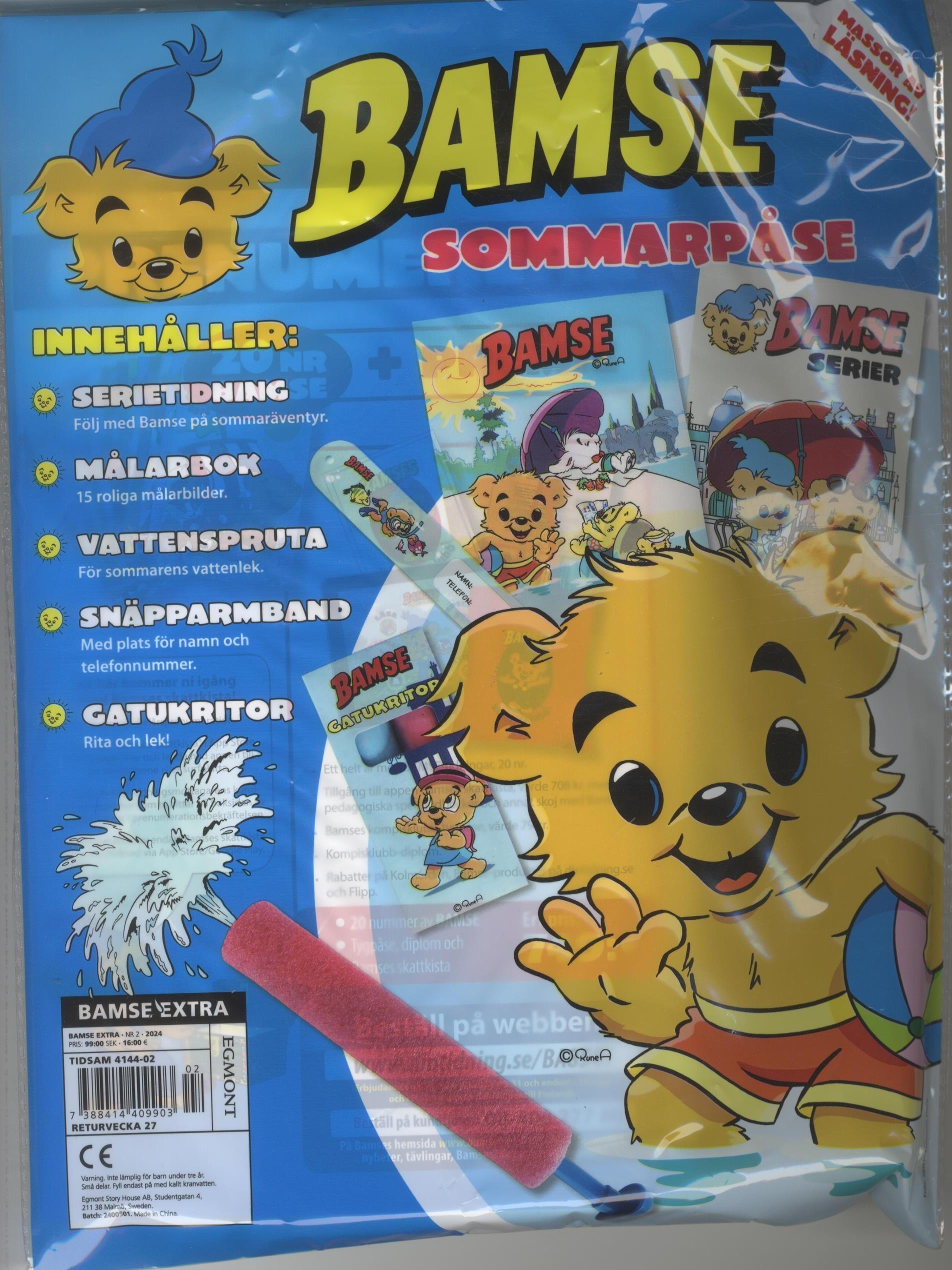 Bamse Extra 2024 nr 2, Sommarpåse med Serietidning, Målarbok, Vattenspruta, Snäpparmband ...