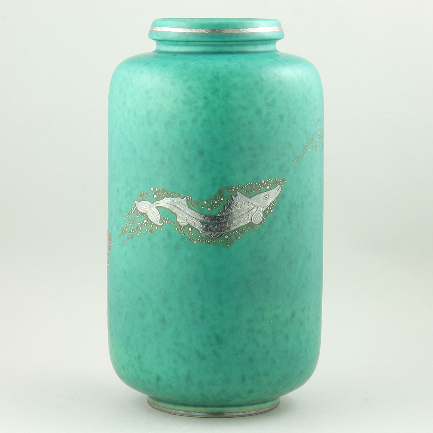 Wilhelm Kåge (Argenta 1935) Green Cylinder Vase with Fish Decor 28 cm