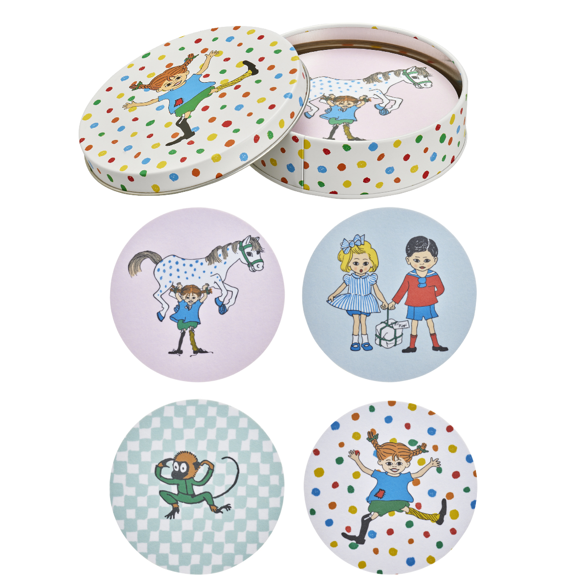 Pippi Långstrump Glasunderlägg - 4-Pack i fin plåtburk - Nellispresenter