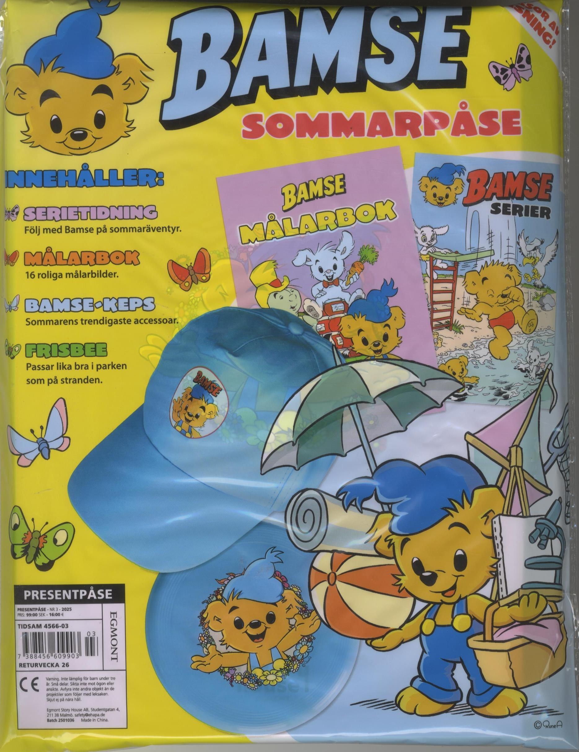 Presentpåse nr 3 2025 Bamse sommarpåse med Serietidning, Målarbok, Bamse-keps, Frisbee ...
