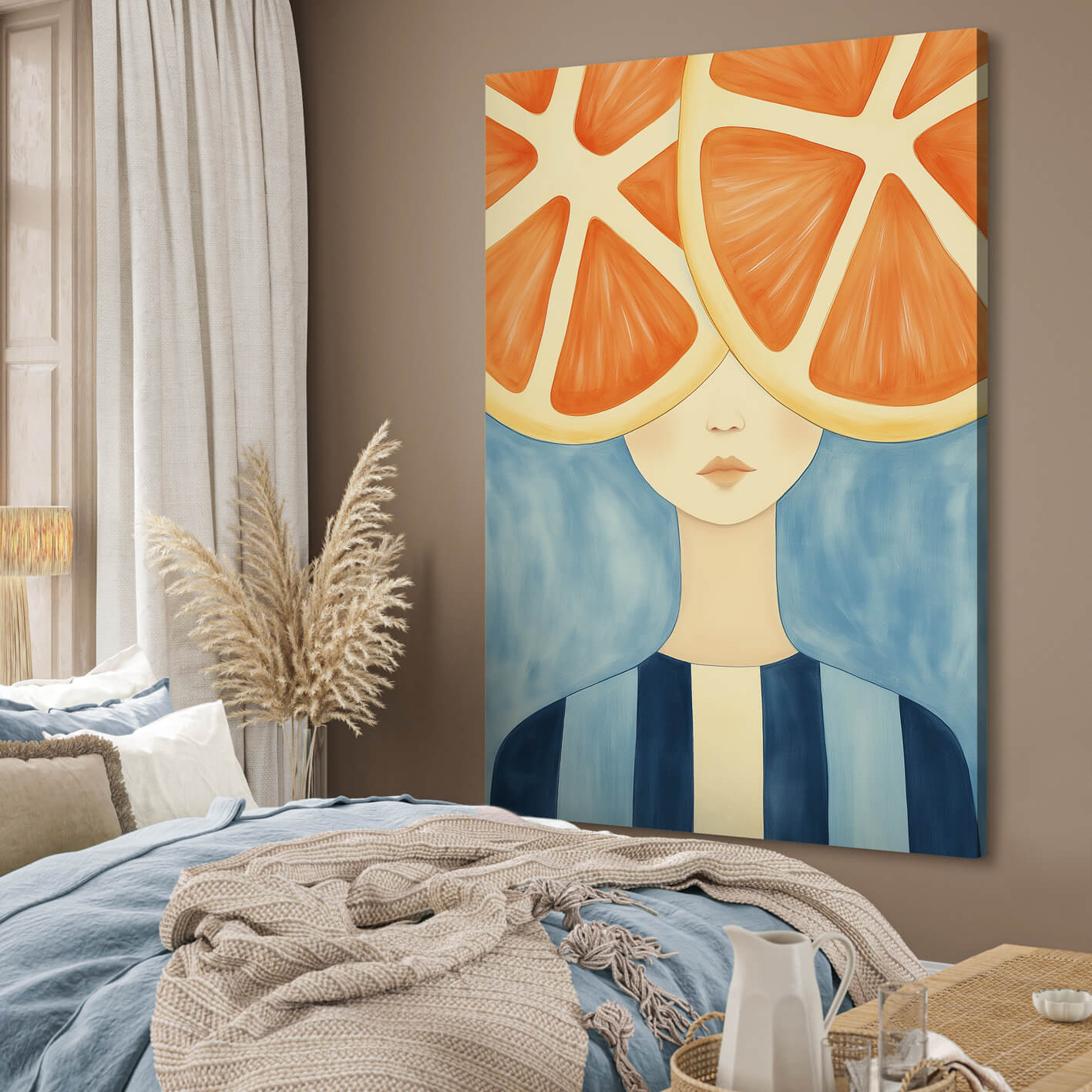 Canvastavla - Orange Mind - Blå tavla med stiliserat porträtt med ...