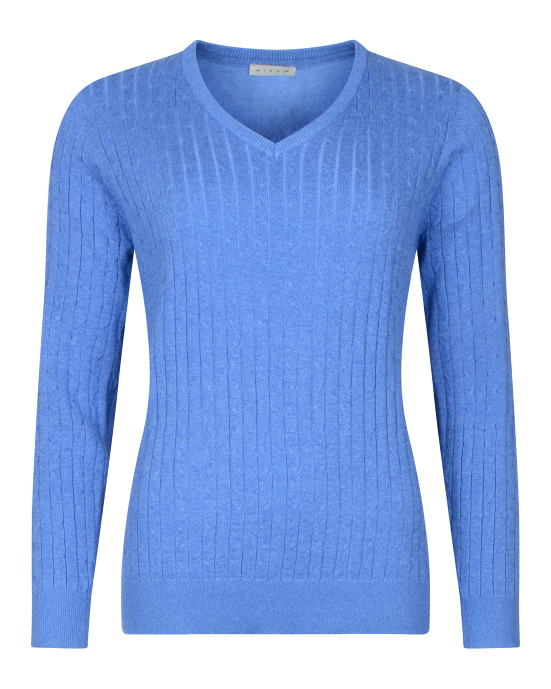 Jumper kabestickad v-ringning blåmelerad - Jacobssons