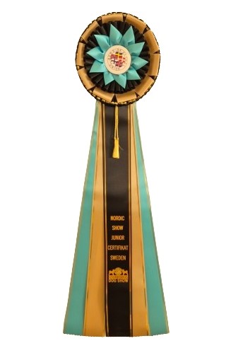 Monomak - 6287 - Rosett för häst, hund, event, 5 band och tofsar, 71 cm