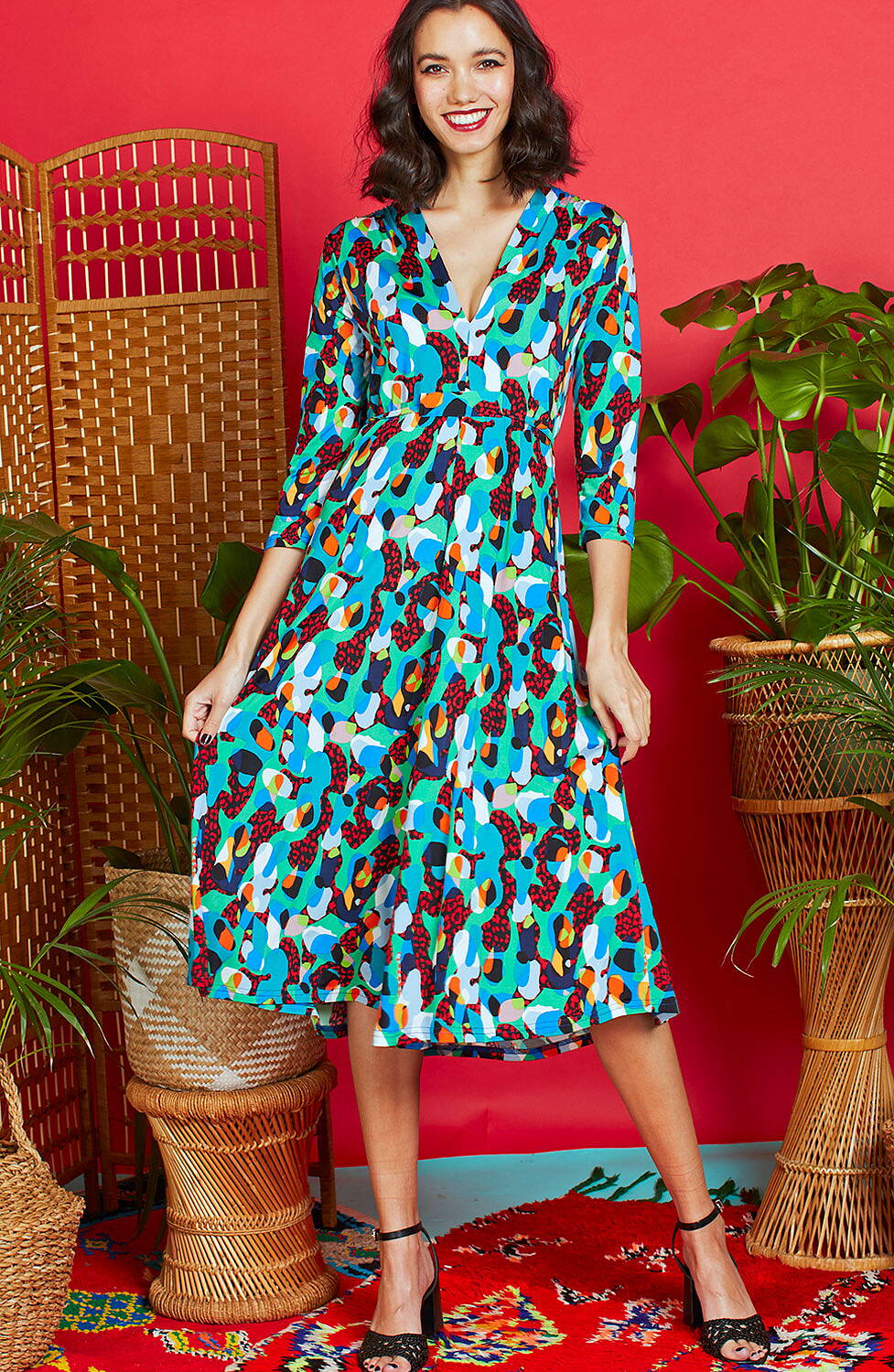 Klänning Amy grön/röd/blå mönstrad - Jacobssons