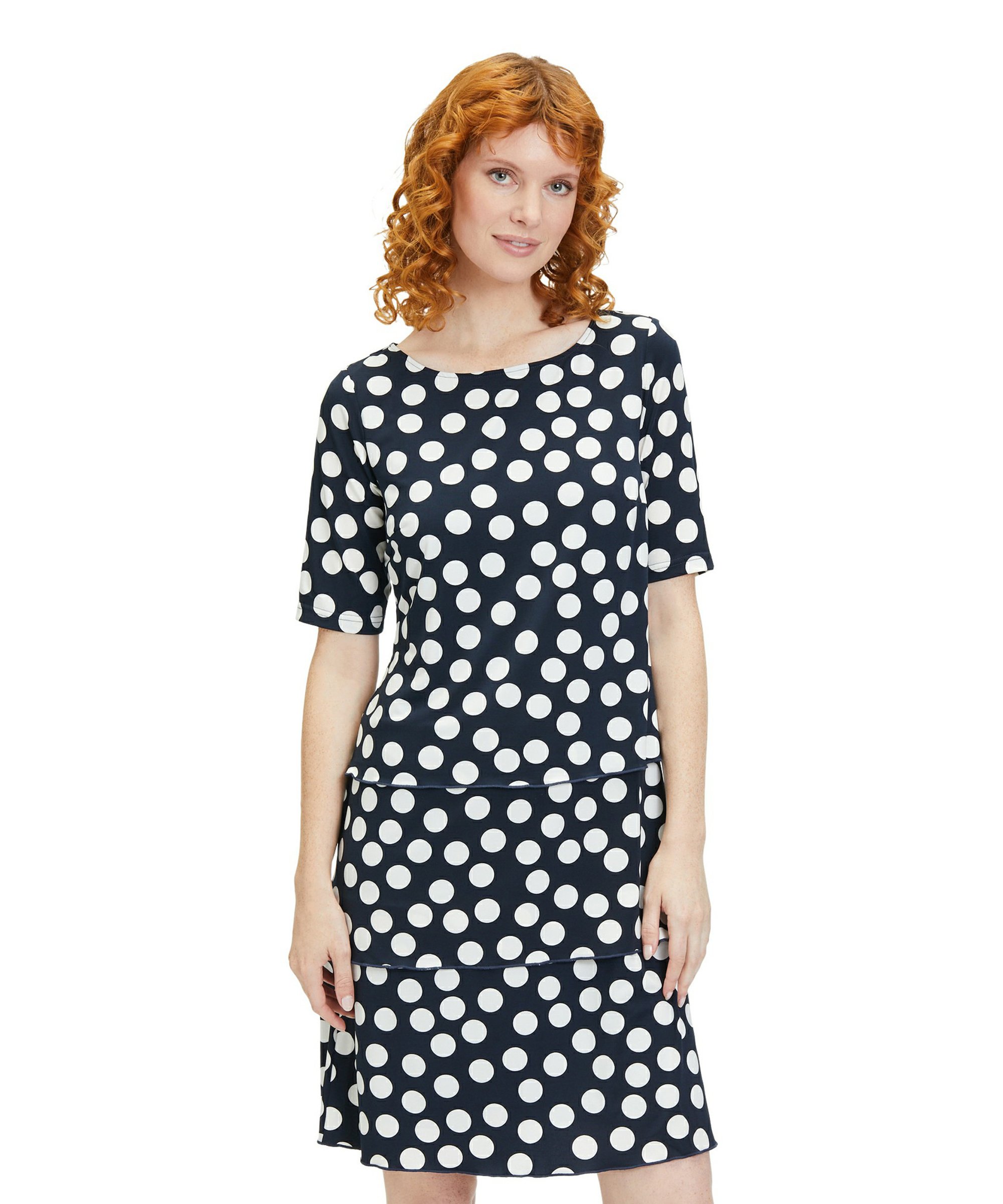Klänning med volanger marin/vit prickig - Jacobssons