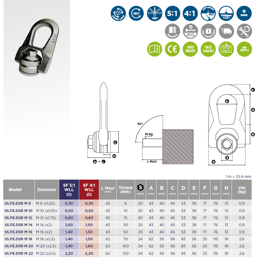 Lyftögla Codipro SS.FE.DSR M16 / Maxlast: 1,5 Ton (I rakt lyft och i 90 ...